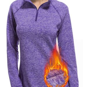 Miusey Womens Quarter Zip Pullover Long Sleeve Thermal Fleece Athletic Running Shirt Quick Dry 1/4 Zip Shirts Activewear Workout Tops Purple XXL