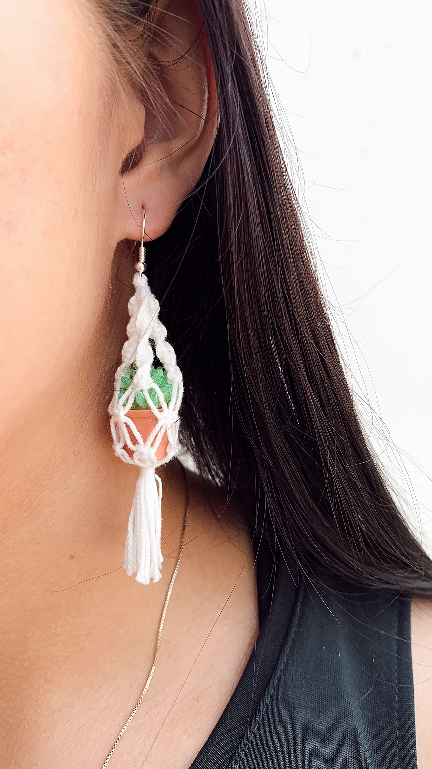 Succulent in a Pot Macrame Earrings -Bohemian Style - Lightweight Quality Earrings