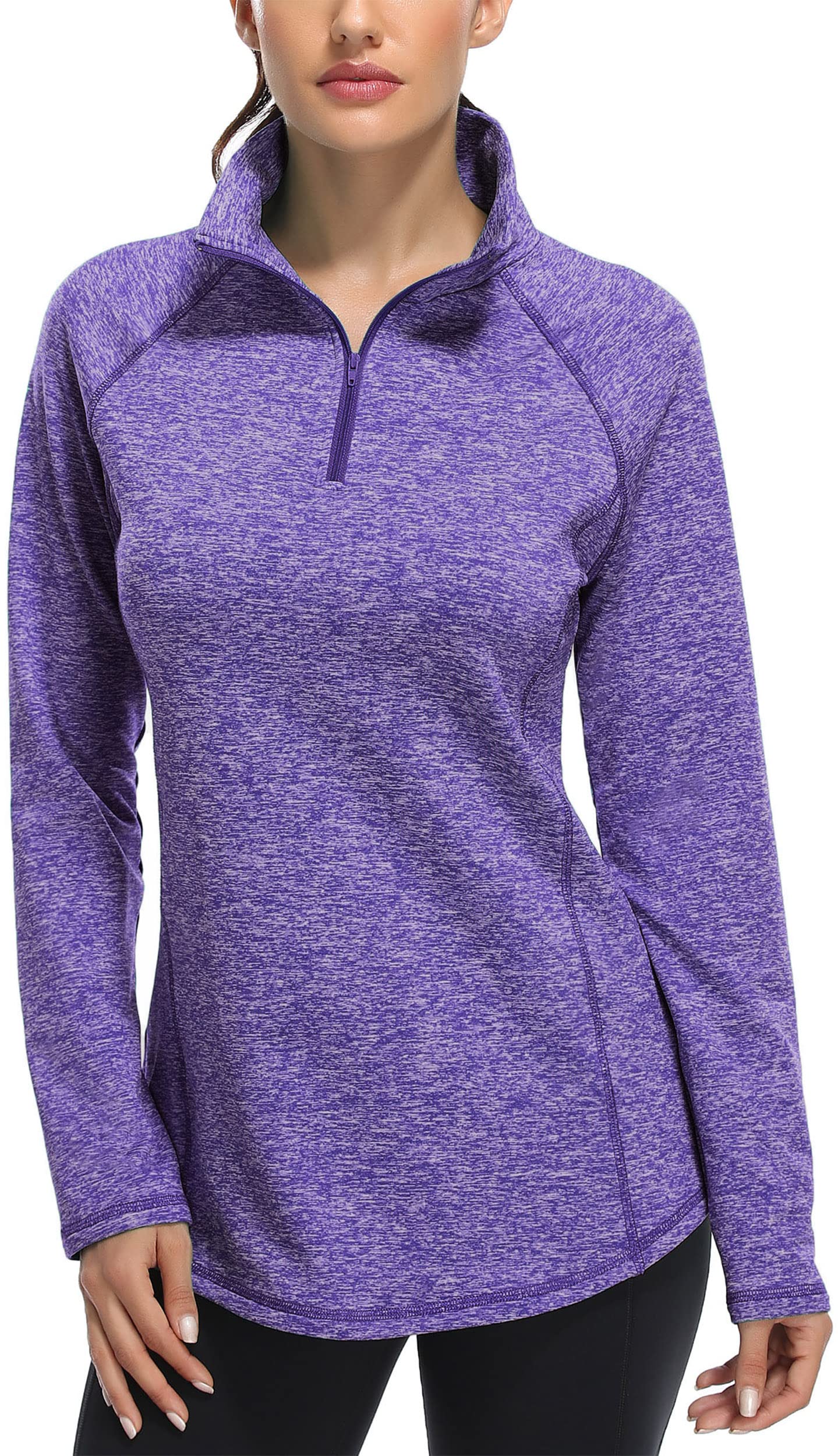 Miusey Womens Quarter Zip Pullover Long Sleeve Thermal Fleece Athletic Running Shirt Quick Dry 1/4 Zip Shirts Activewear Workout Tops Purple XXL