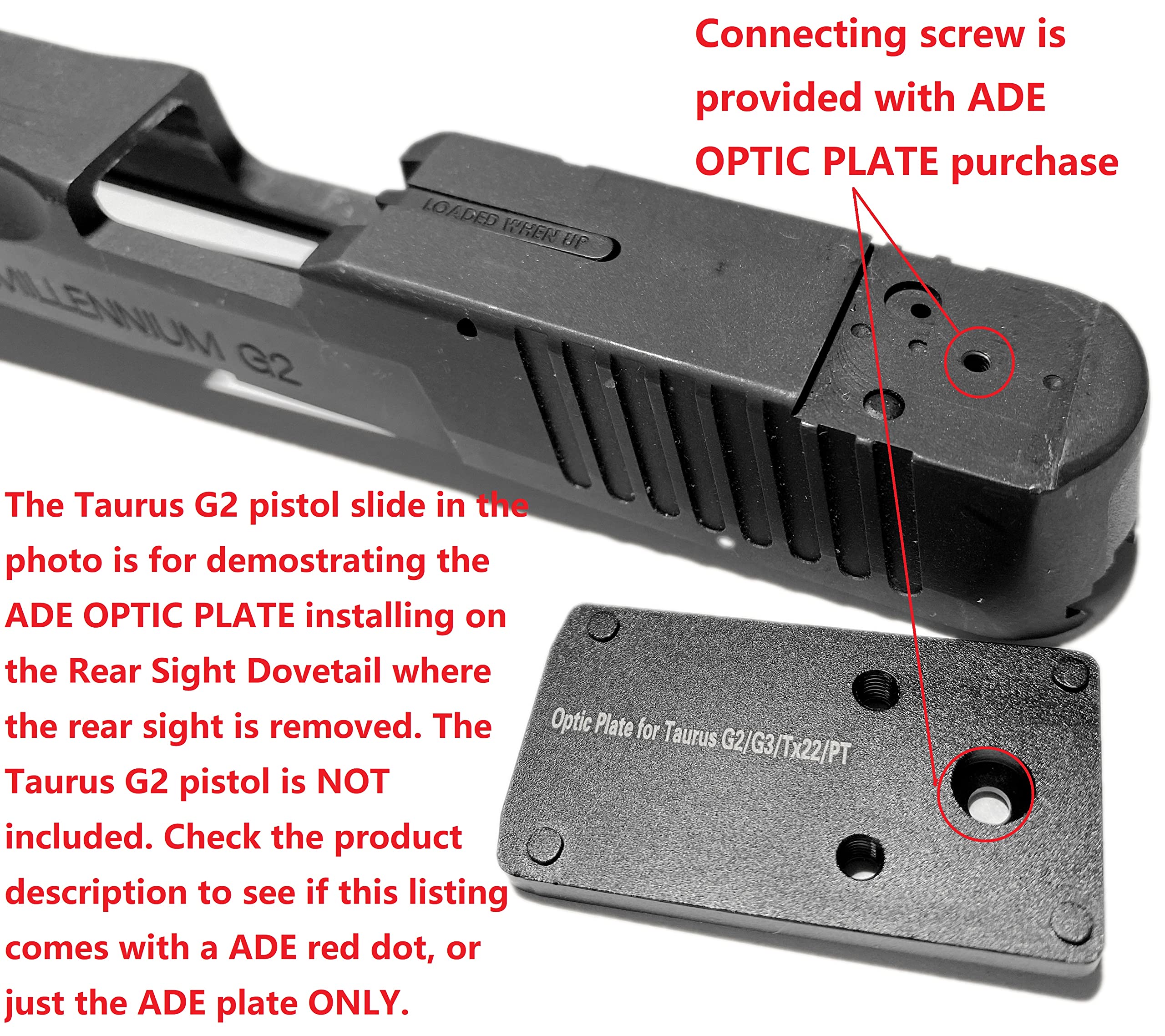 Ade Advanced Optics Delta RD3-012 Red Dot Reflex Sight + Optic Mounting Plate for Taurus PT111 G2, Millennium G2, G2C, G3 with Original Rear Sight, PT140 G2, PT709, PT740, TX22 + Pictinny Plate