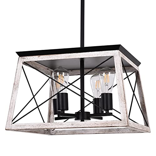 Merbotin Farmhouse Chandelier for Dining Room, Rustic Kitchen Island Light Fixture, White Wood Distressed Large Pendant Light, 4 Light Chandelier Hanging Ceiling Light for Entryway Hallway Foyer