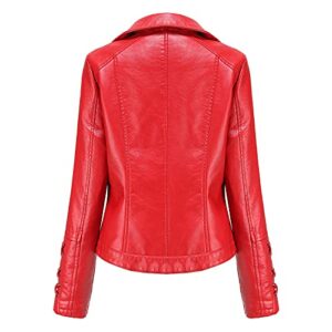 5665 Women Waterproof PU Leather Jackets, Cropped Stand Collar Zipper Biker Jacket Fitted PU Cycling Motorcycle Jacket Coats Red, 3X-Large