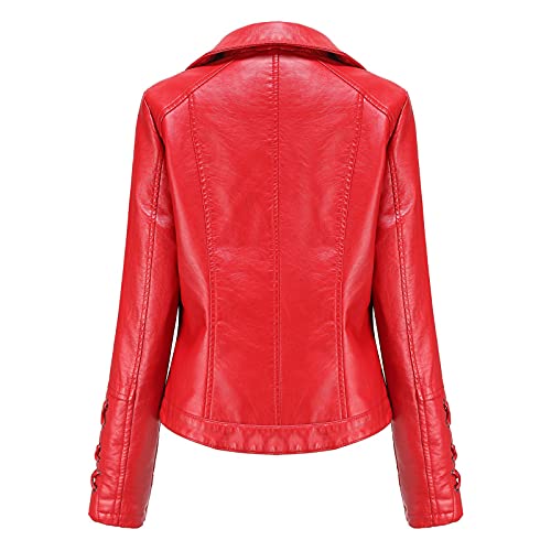 5665 Women Waterproof PU Leather Jackets, Cropped Stand Collar Zipper Biker Jacket Fitted PU Cycling Motorcycle Jacket Coats Red, 3X-Large