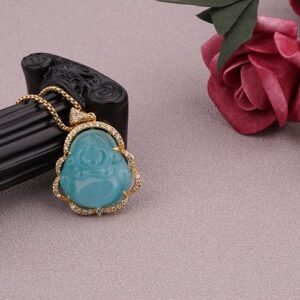 ASGIFT Blue Laughing Buddha Necklace Lucky Smiling Buddha Cubic Zirconia Gemstone Pendant with 18K Gold Plated Chain Crystal Buddah Necklaces Jewelry Gift for Men Women