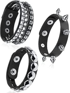 hicarer 3 pieces leather punk bracelet for men women 80s wristband goth punk rock bracelet cuff bangle unisex for halloween party favors accessories(vintage style)