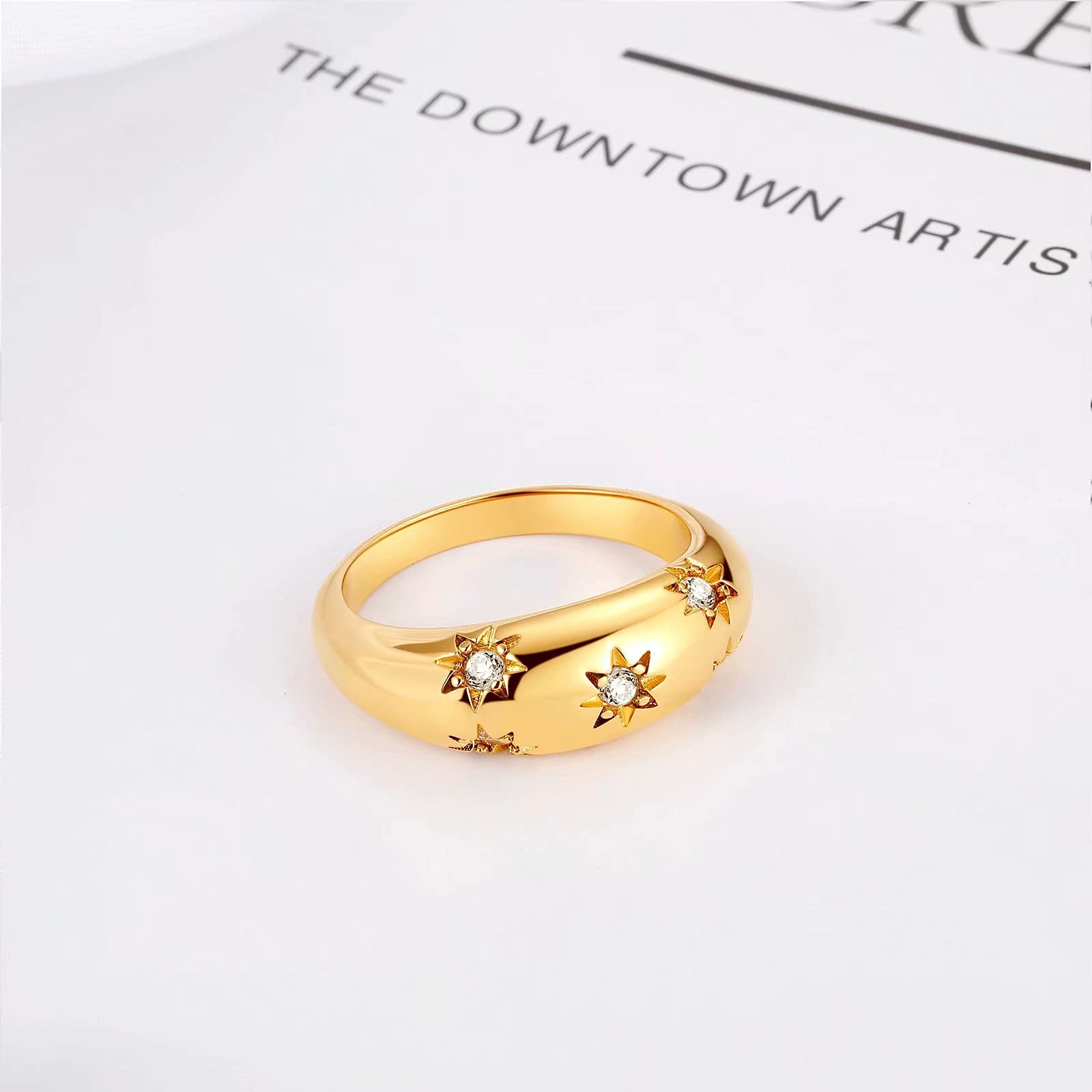 Qings 18k Gold Plated Croissant Starlight Chunky Dome Ring Stacking Band for Women Jewelry Minimalist Statement Ring Size 6 to 9