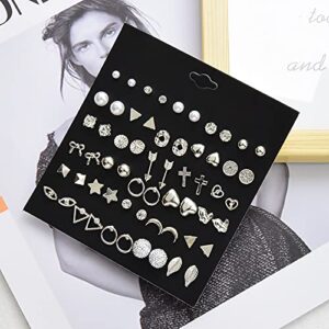 OATHYAN Women's 72 Pairs Silver Earring Set, Geometric Fake Pearl Round Ball Stud Earrings, Hypoallergenic, Lightweight, Gift for Women