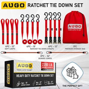 AUGO Ratchet Straps Heavy Duty 4 Pack -15 FT - 2200 LB Break Strength – Ratchet Tie Down Straps with Safety Lock S Hooks - Cargo Straps for Moving, Appliances, Motorcycle – Soft Loop Tie Down Straps