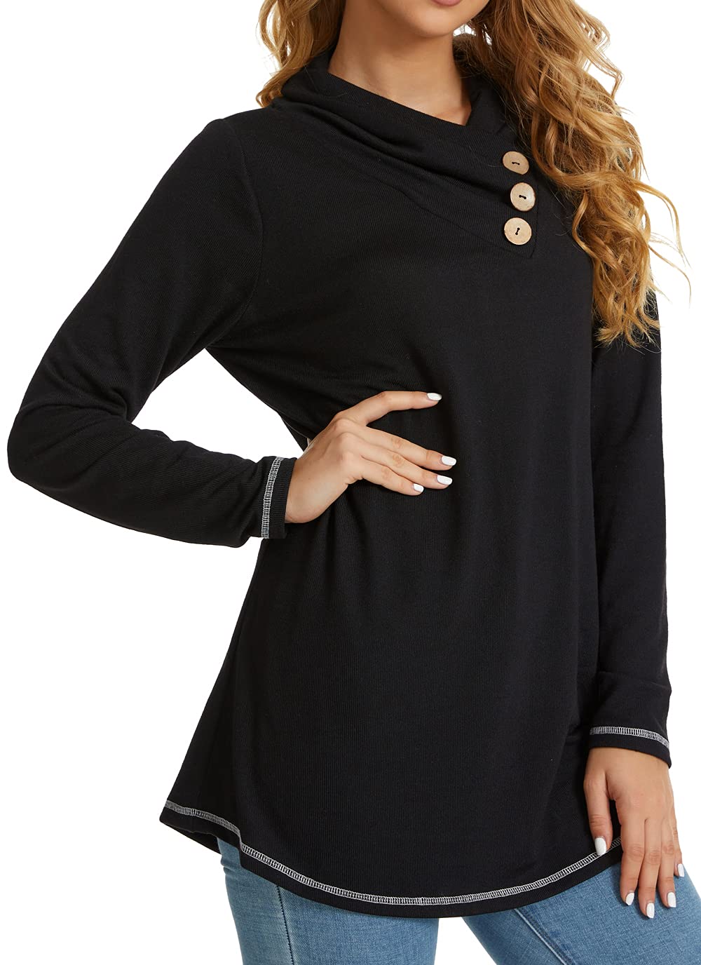 WEIYAN Women's Cowl Neck Tunic Long Sleeve Pullover Shirt Casual Sweatshirt Loose Tops with Buttons(Black,X-Large)