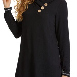 WEIYAN Women's Cowl Neck Tunic Long Sleeve Pullover Shirt Casual Sweatshirt Loose Tops with Buttons(Black,X-Large)