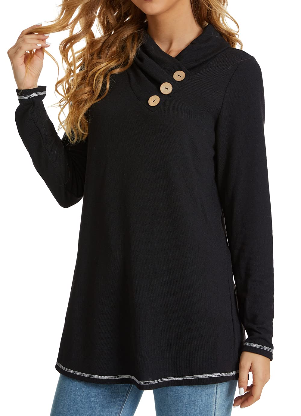 WEIYAN Women's Cowl Neck Tunic Long Sleeve Pullover Shirt Casual Sweatshirt Loose Tops with Buttons(Black,X-Large)