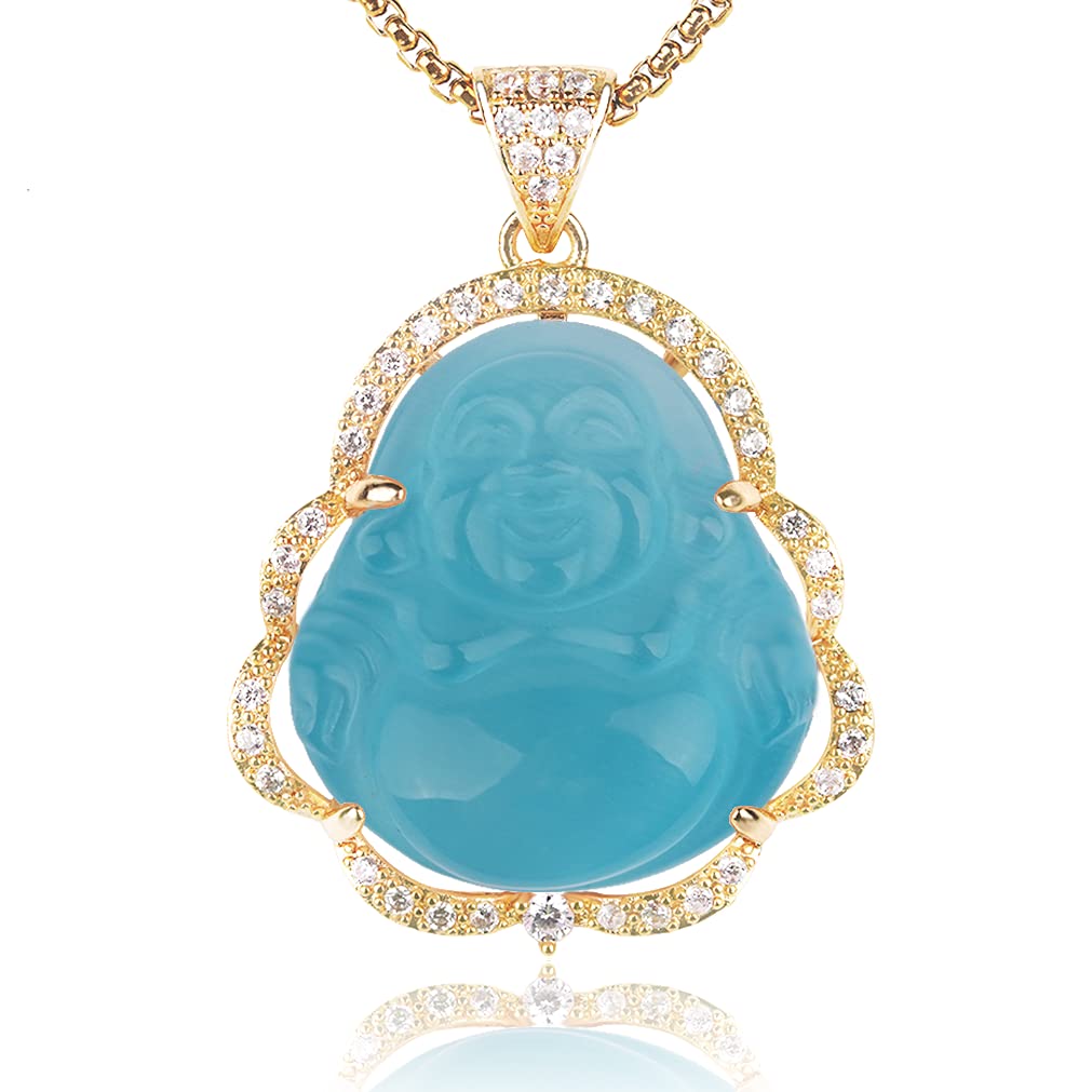 ASGIFT Blue Laughing Buddha Necklace Lucky Smiling Buddha Cubic Zirconia Gemstone Pendant with 18K Gold Plated Chain Crystal Buddah Necklaces Jewelry Gift for Men Women