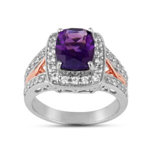 jewelili 14k rose gold over sterling silver 10x8 mm cushion-cut amethyst and round created white sapphire halo ring, size 7