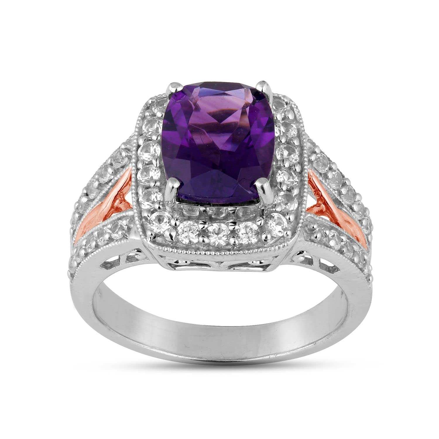 Jewelili 14K Rose Gold Over Sterling Silver 10x8 MM Cushion-cut Amethyst and Round Created White Sapphire Halo Ring, Size 7