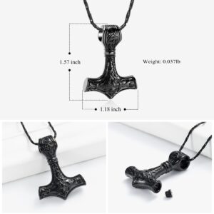 Nordic Viking Mjolnir Thor Hammer Cremation Jewelry for Ashes for Women Men Stainless Steel Celtic Knot Urn Necklace Pendant for Ashes Holder Keepsake Memorial Jewelry (Black Hammer)