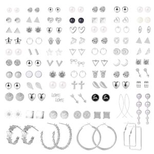 oathyan women's 72 pairs silver earring set, geometric fake pearl round ball stud earrings, hypoallergenic, lightweight, gift for women