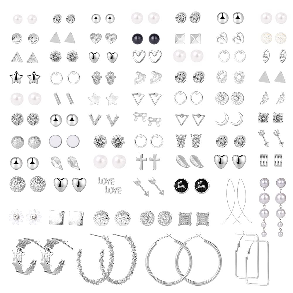 OATHYAN Women's 72 Pairs Silver Earring Set, Geometric Fake Pearl Round Ball Stud Earrings, Hypoallergenic, Lightweight, Gift for Women