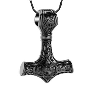 nordic viking mjolnir thor hammer cremation jewelry for ashes for women men stainless steel celtic knot urn necklace pendant for ashes holder keepsake memorial jewelry (black hammer)