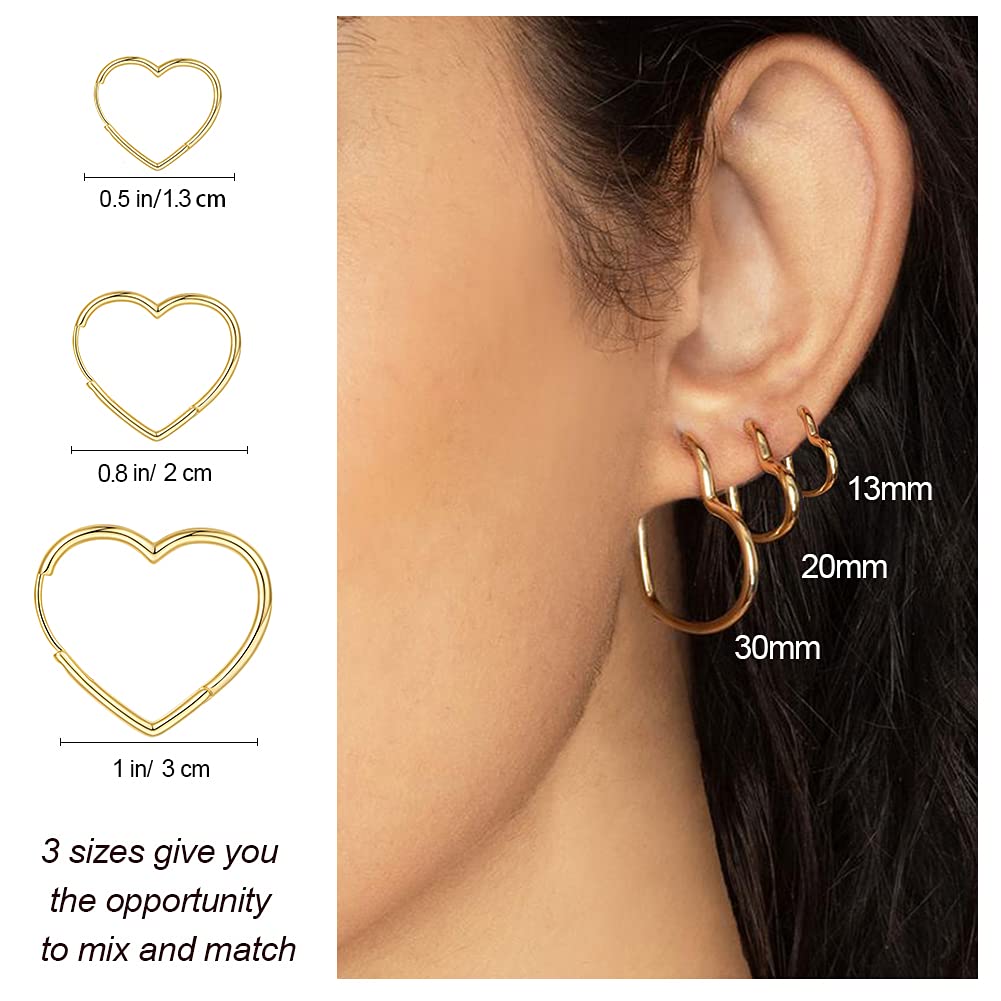 3 Pairs 14K Gold Plated Heart Hoop Earrings, Simple Large and Small Heart Hoop Earrings for Women, 3 Sizes Cute Huggies Earrings for Women Girs present, 1.3cm/2cm/3cm.