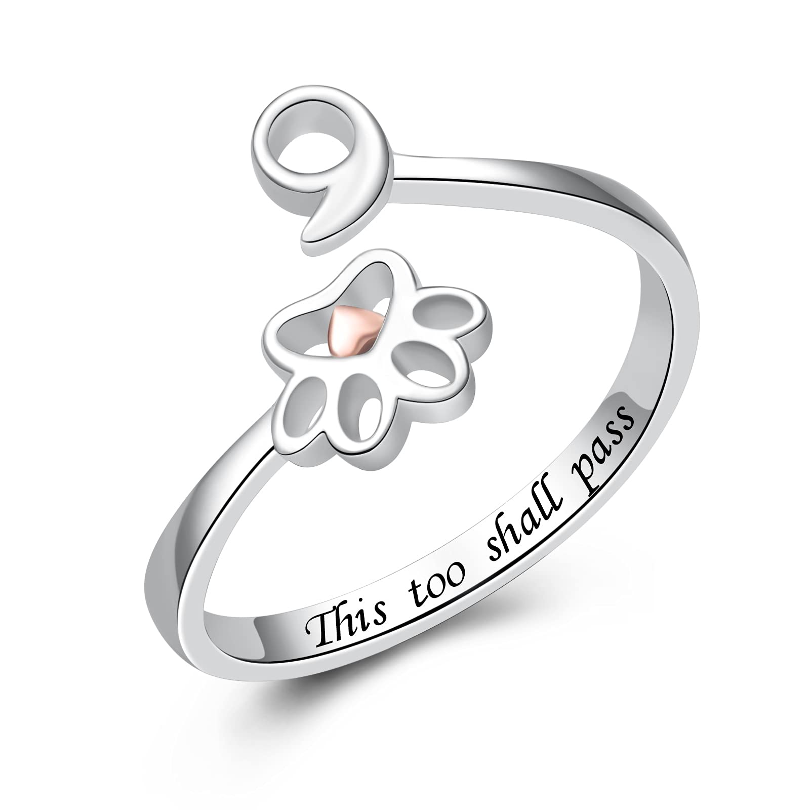 Hioed Puppy Dog Cat Paw Ring Semicolon 925 Sterling Silver Pet Rings This Too Shall Pass Animal Ring Adjustable Rings Inspirational Jewelry Gift for Women