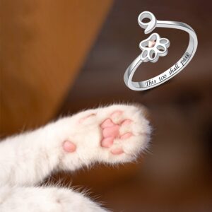 Hioed Puppy Dog Cat Paw Ring Semicolon 925 Sterling Silver Pet Rings This Too Shall Pass Animal Ring Adjustable Rings Inspirational Jewelry Gift for Women