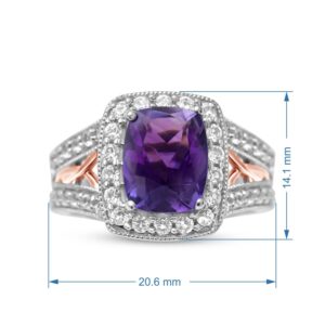 Jewelili 14K Rose Gold Over Sterling Silver 10x8 MM Cushion-cut Amethyst and Round Created White Sapphire Halo Ring, Size 7