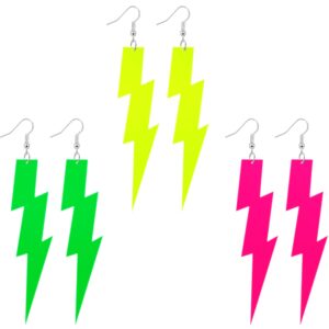 hicarer 3 pairs 80s 90s neon earrings for women retro pendant acrylic drop dangle for 80's outfit glow party accessories (bright lightning style)