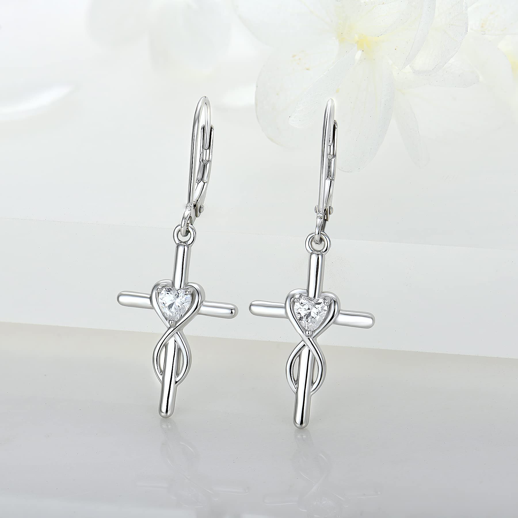 JO WISDOM 925 Sterling Silver Cross Infinity Heart Dangle & Drop Earrings with 5A Cubic Zirconia April Birthstone