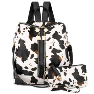 younxsl women backpack purse leopard fashion pu leather designer travel bag cow pattern ladies shoulder bags(off white)