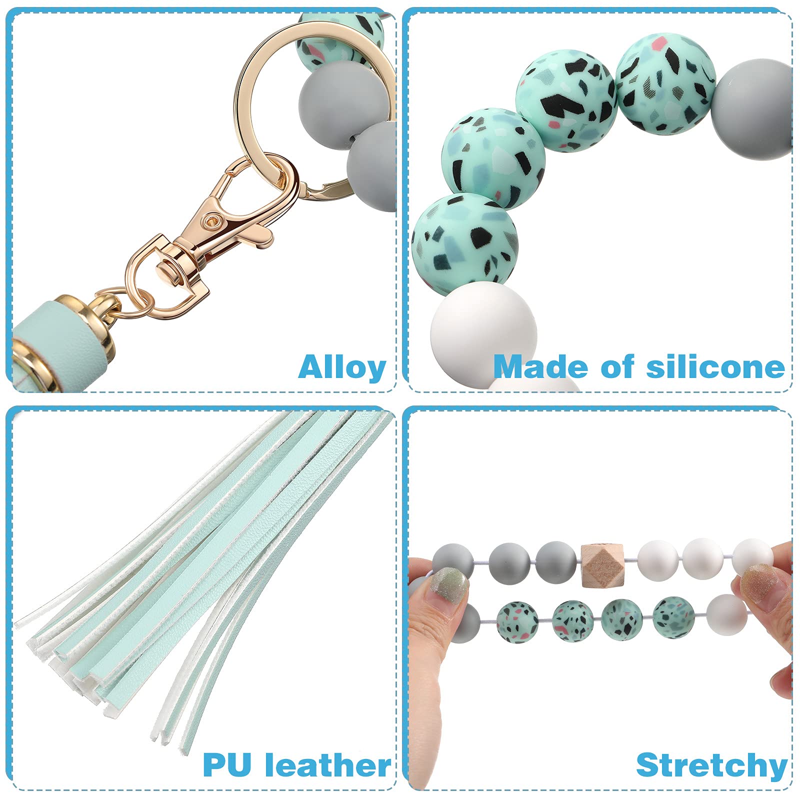 MTLEE 3 Pieces Mother's Day Silicone Keychain Beaded Wristlet Key Ring Bracelet Beaded Keychain with Leather Tassel for Women