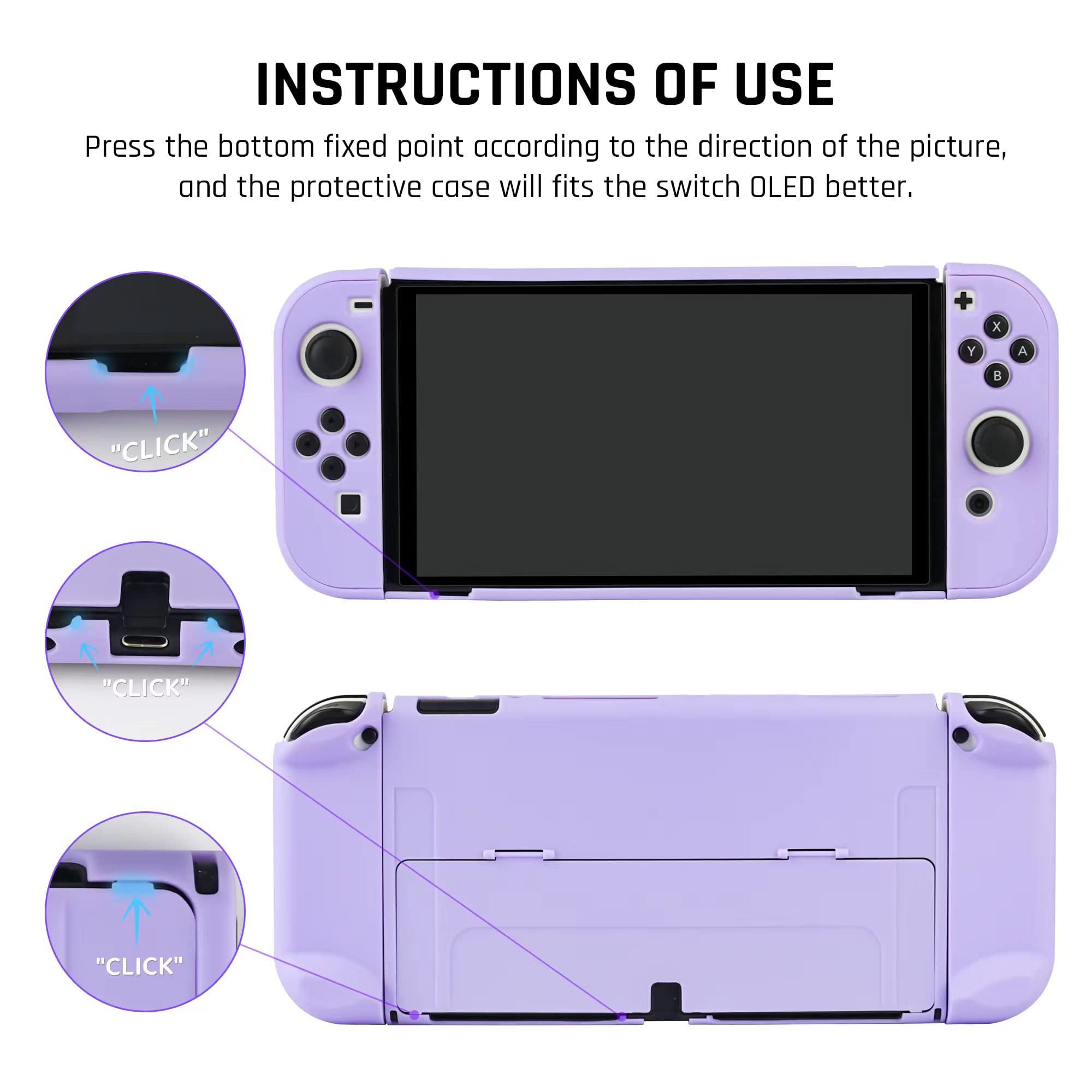 GLDRAM Case for Nintendo Switch OLED Model 2021 with Screen Protector and 4 PCS Thumb Caps, Protective Hard Cover for Switch OLED Console & JoyCon - Ultra-Slim & Flip Shell (Purple)