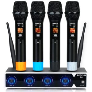 zerfun pro wireless microphone system 4 channel, uhf metal cordless handheld mics for church karaoke singing, 4x50 adjustable frequency(g8 battery 4 handheld)