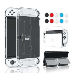 protective case for nintendo switch oled model 2021, fanpl dockable case cover with flip shell for switch oled, crystal case accessories with 1 screen protector and 10 thumb grip caps (clear)