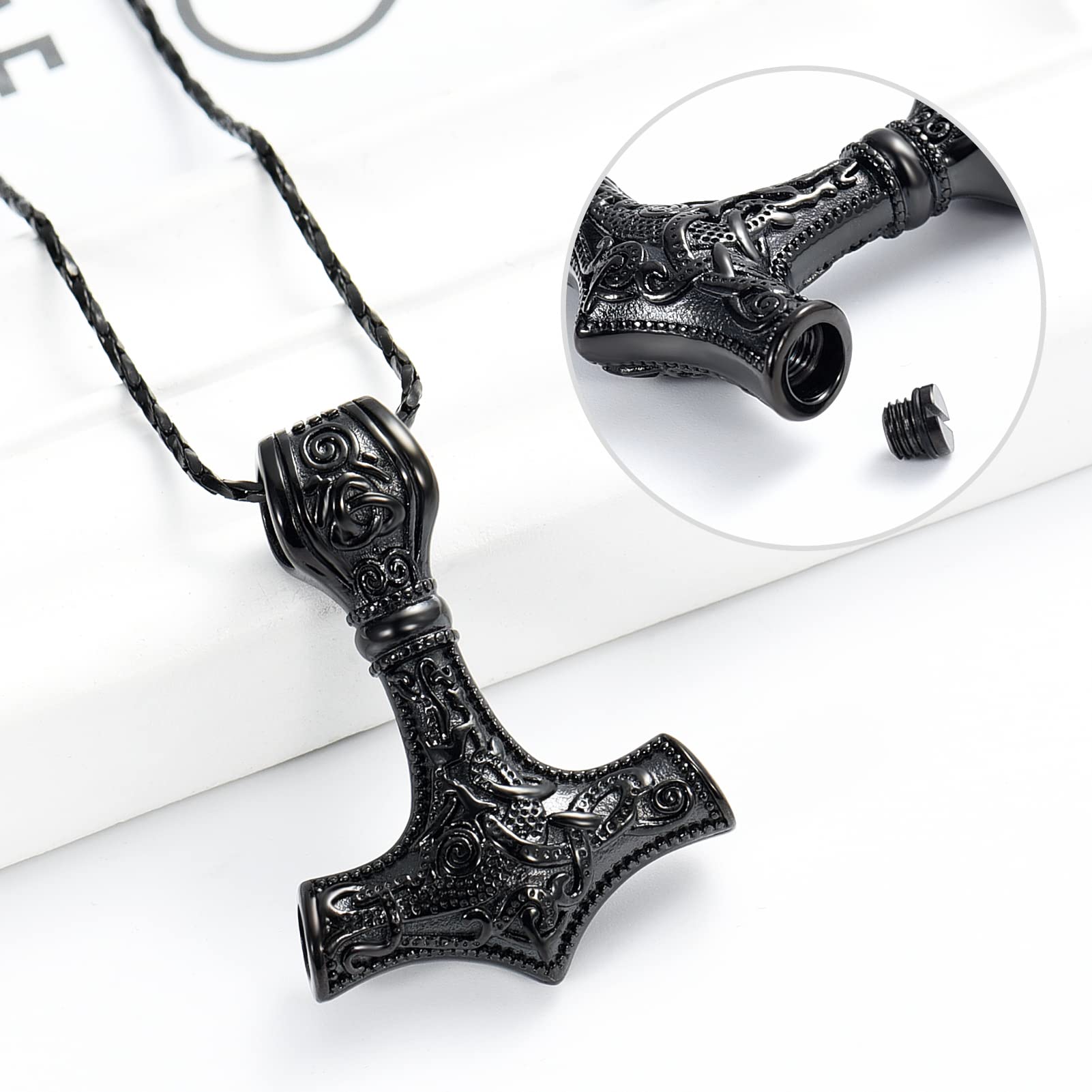 Nordic Viking Mjolnir Thor Hammer Cremation Jewelry for Ashes for Women Men Stainless Steel Celtic Knot Urn Necklace Pendant for Ashes Holder Keepsake Memorial Jewelry (Black Hammer)