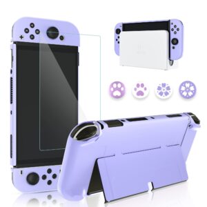 gldram case for nintendo switch oled model 2021 with screen protector and 4 pcs thumb caps, protective hard cover for switch oled console & joycon - ultra-slim & flip shell (purple)