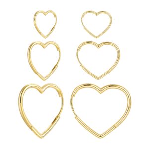 3 pairs 14k gold plated heart hoop earrings, simple large and small heart hoop earrings for women, 3 sizes cute huggies earrings for women girs present, 1.3cm/2cm/3cm.