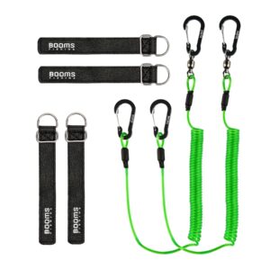 booms fishing t02 fishing pole tether, kayak paddle leash, heavy duty fishing lanyard for fishing tools/rods/paddles, green 2pcs and rb1 rod tie belts pole straps 4pcs 5.9"