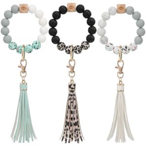 mtlee 3 pieces mother's day silicone keychain beaded wristlet key ring bracelet beaded keychain with leather tassel for women