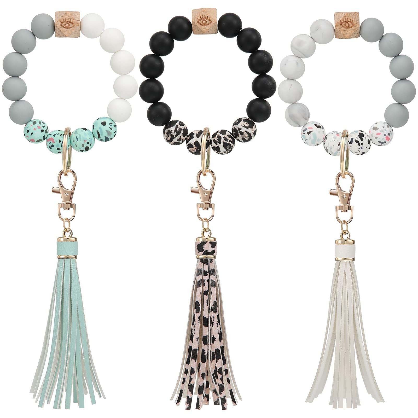 MTLEE 3 Pieces Mother's Day Silicone Keychain Beaded Wristlet Key Ring Bracelet Beaded Keychain with Leather Tassel for Women