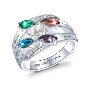 bauma auto mother ring with 1-8 birthstones personalized 925 sterling silver rings custom anniversary ring for women wife grandma mom mother's day (style 06)