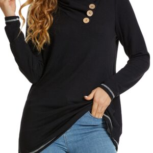 WEIYAN Women's Cowl Neck Tunic Long Sleeve Pullover Shirt Casual Sweatshirt Loose Tops with Buttons(Black,X-Large)