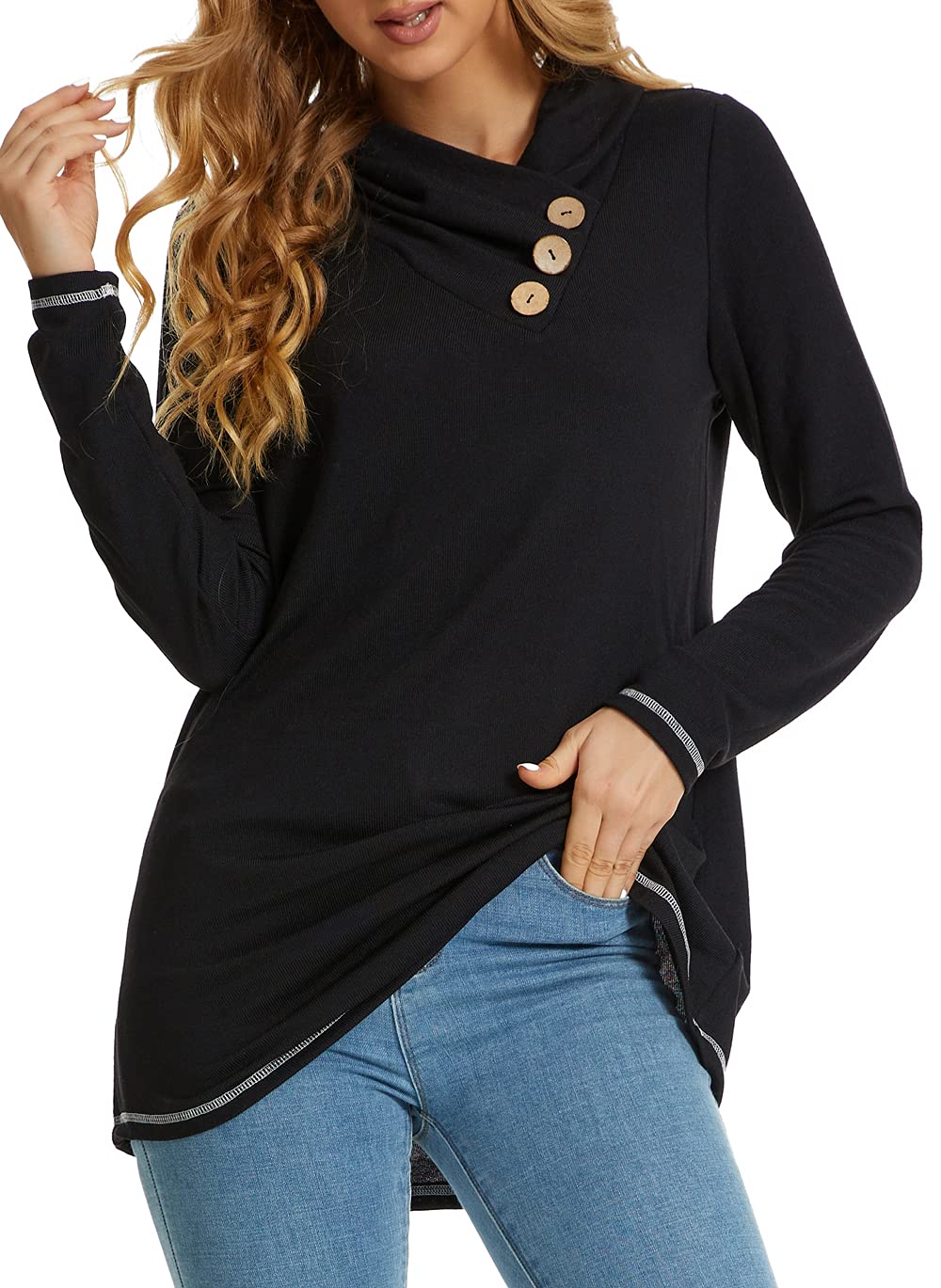 WEIYAN Women's Cowl Neck Tunic Long Sleeve Pullover Shirt Casual Sweatshirt Loose Tops with Buttons(Black,X-Large)