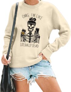 mousya halloween skeleton sweatshirt women skull shirt funny coffee skeleton hoodie fall long sleeve pullover tops