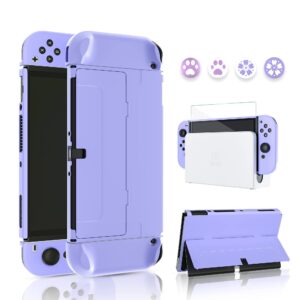 fanpl flip-type case compatible with nintendo switch oled model, hard pc cover for switch oled and joy con controller, protective case with screen protector and 4 thumb grip caps (purple)