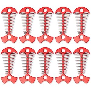 alnicov 10pcs deck plank board tent stakes,fishbone deck anchor pegs with spring buckle for outdoor camping hiking,red