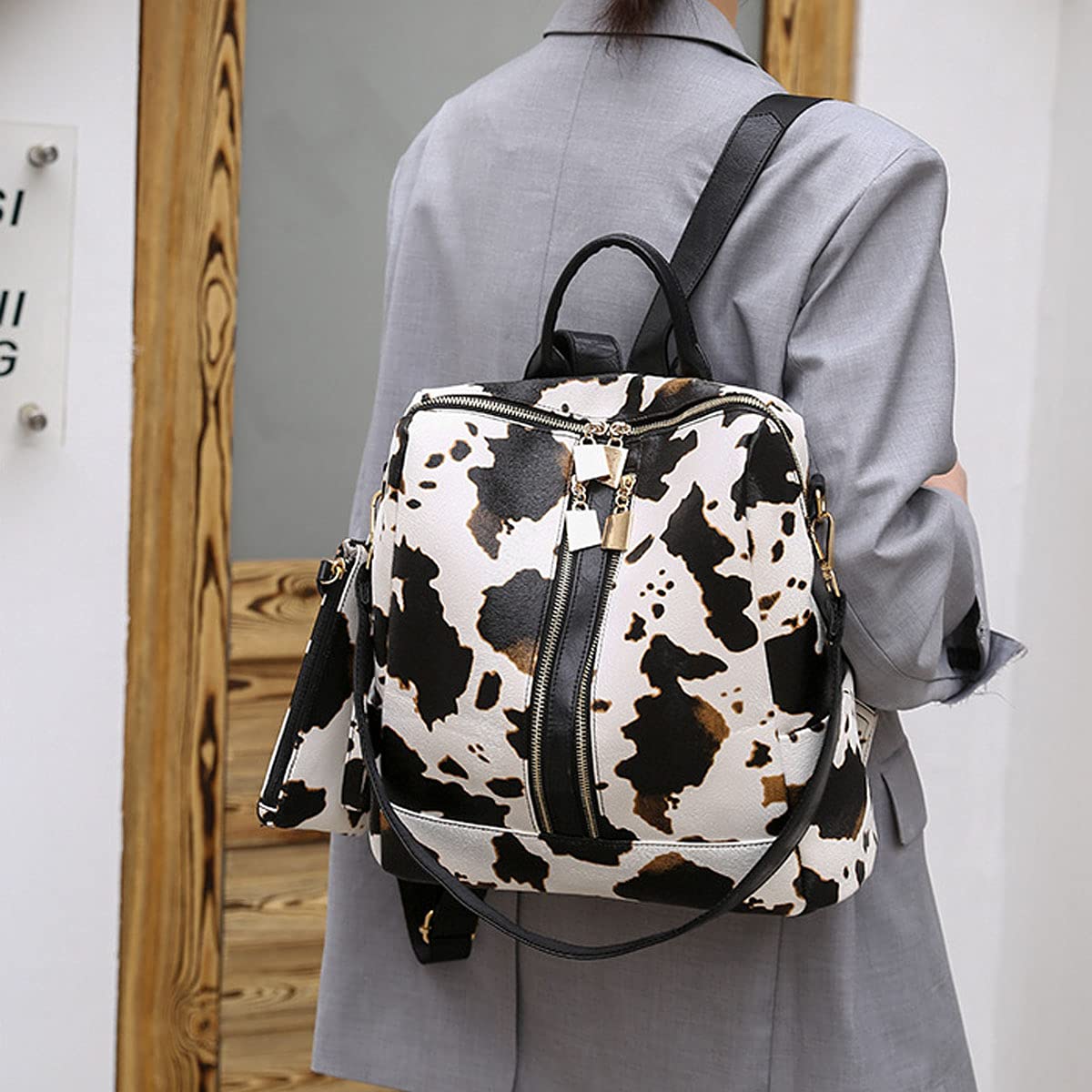 YOUNXSL Women Backpack Purse Leopard Fashion PU Leather Designer Travel Bag Cow Pattern Ladies Shoulder Bags(Off White)