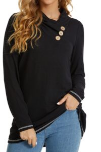 weiyan women's cowl neck tunic long sleeve pullover shirt casual sweatshirt loose tops with buttons(black,x-large)