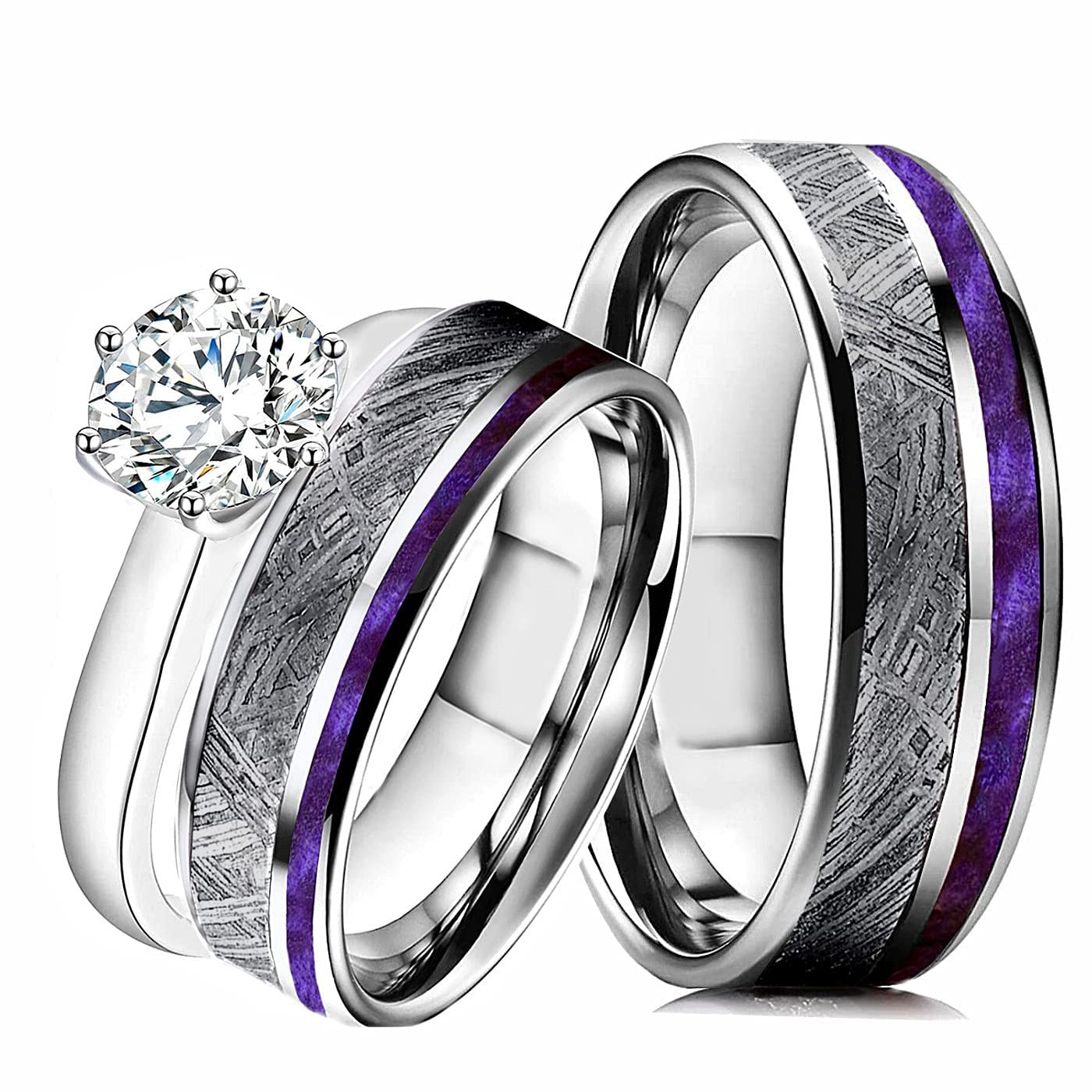 Kingsway Jewelry Moissanite Ring 6mm Wedding Band Set for Him and Her – Luxurious 3-Piece Promise Rings for Couples – Great for Daily Wear with Real Muonionalusta Meteorite & Purple Koa Wood Inlay