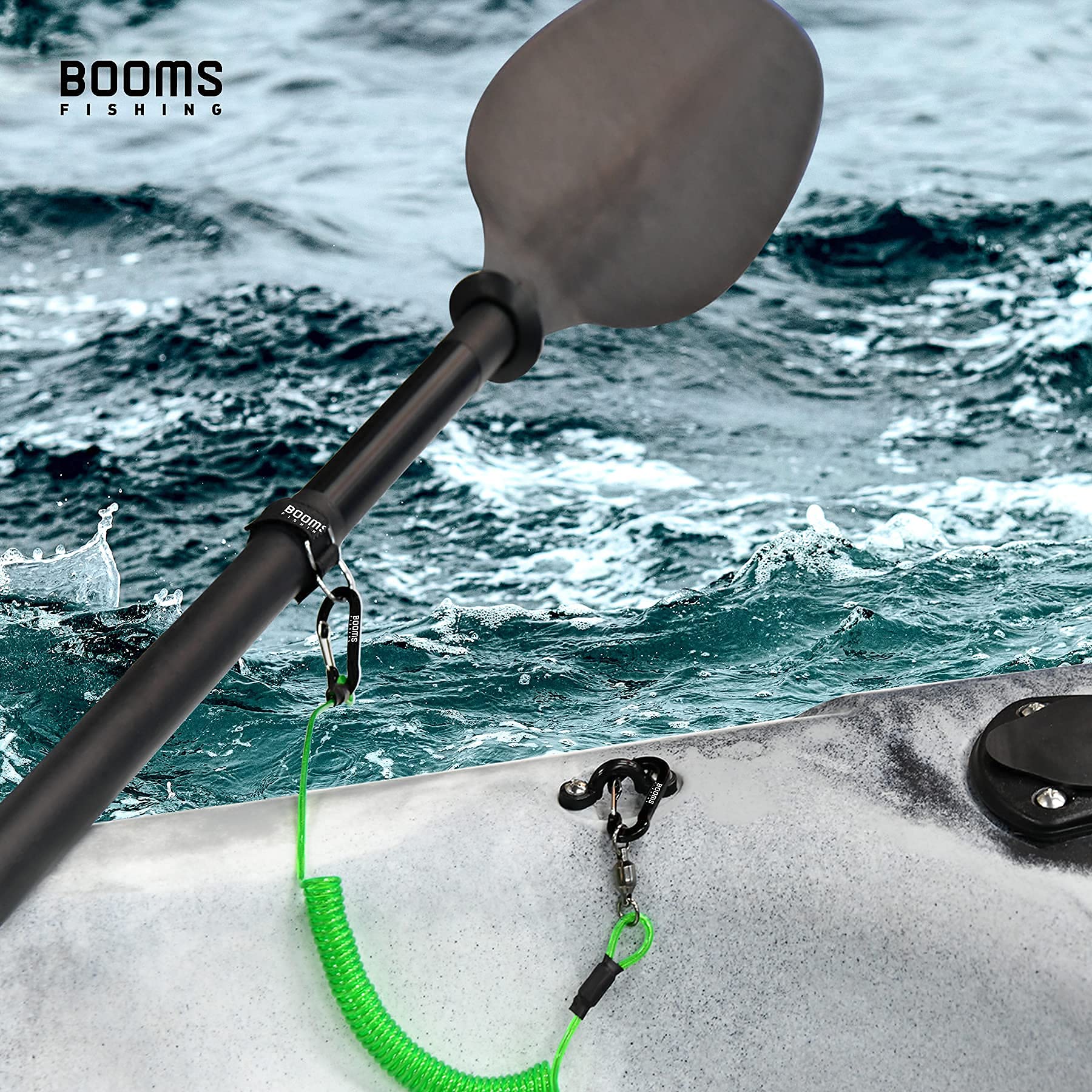 Booms Fishing T02 Fishing Pole Tether, Kayak Paddle Leash, Heavy Duty Fishing Lanyard for Fishing Tools/Rods/Paddles, Green 2pcs and RB1 Rod Tie Belts Pole Straps 4pcs 5.9"