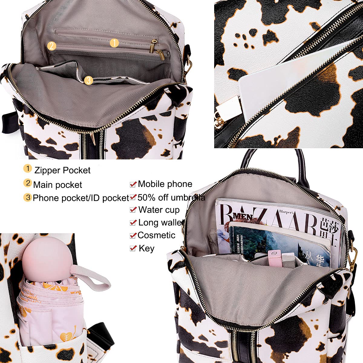 YOUNXSL Women Backpack Purse Leopard Fashion PU Leather Designer Travel Bag Cow Pattern Ladies Shoulder Bags(Off White)